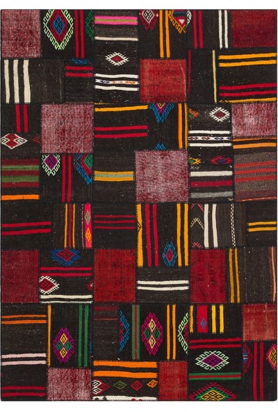 Çam Halı Siyah Kilim Kirmizi El Dokuma Isparta Patchwork HALI-170X240