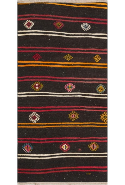 Çam Halı Siyah Renk Çiçekli Desen Vintage KILIM-100X200 Çam Halı Siyah Renk Çiçekli Desen Vintage KILIM-100X200