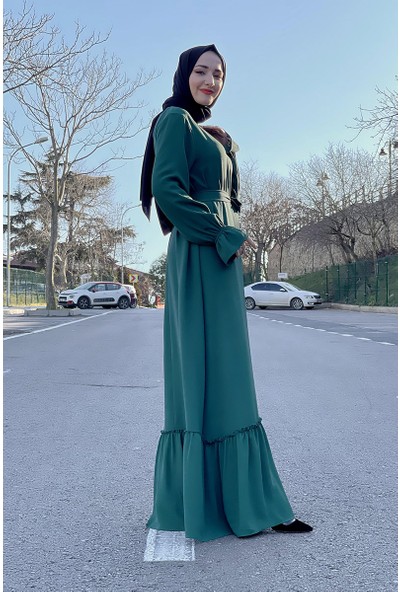 Sinelay Moda Çizgi Kemerli Aerobin Elbise Zümrüt