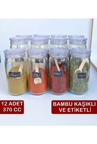 Karçiçeği Home 12'li Bambu Kaşıklı, Etiketli 370 cc Cam Baharatlık Takımı