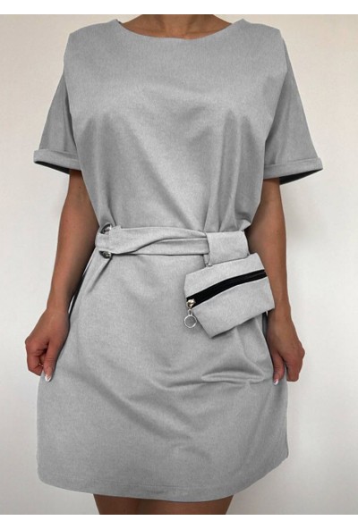Kütük House Belden Çantalı Elbise Gri