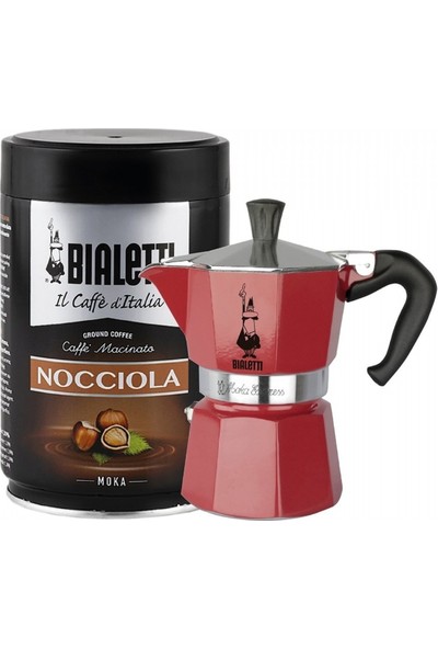 Bialetti Caffe Fındık Aromalı 250 gr Filtre Kahve ve Bialetti 3 Cup Kırmızı Moka Pot Bialetti Caffe Fındık Aromalı 250 gr Filtre Kahve ve Bialetti 3 Cup Kırmızı Moka Pot