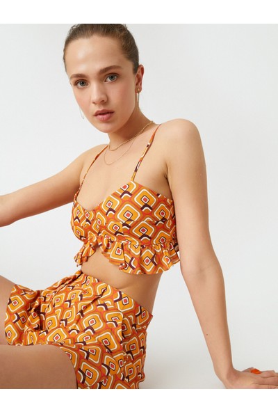 Koton Crop Atlet Desenli Keten Karışımlı