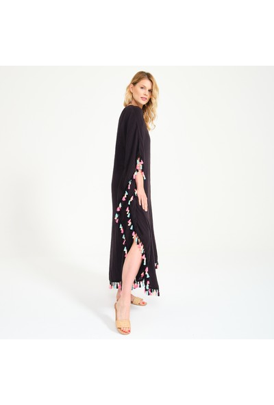 Miespiga Püskül Detaylı V Yaka Uzun Plaj Elbisesi