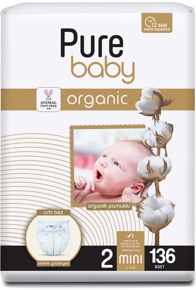 Pure Baby Bebek Bezi 2 Numara 3-6 kg 136 Adet Pure Baby Bebek Bezi 2 Numara 3-6 kg 136 Adet