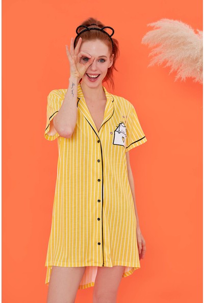 Nbb Sarı Çizgili Önden Düğmeli Gecelik