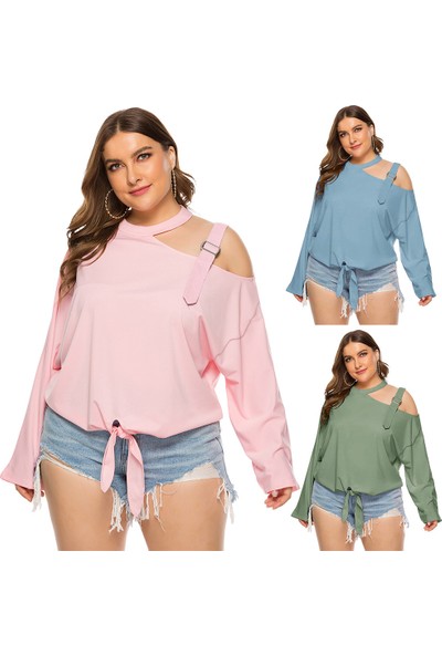 Büyük Beden Kadın Yaz Katı Üstü Fiyonklu Uzun Kollu Eğik Tişört(Yurt Dışından)