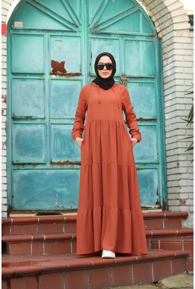 Neways Krep Kapşonlu Taba Elbise 6531 Neways Krep Kapşonlu Taba Elbise 6531