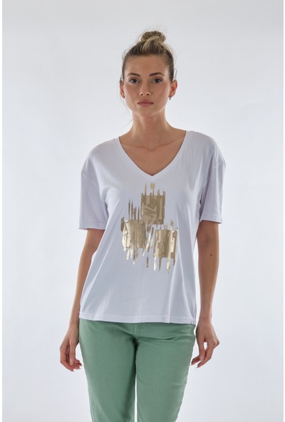 Ysatis V Yaka Baskılı Kısa Kollu Beyaz Kadın Bluz 22225000171