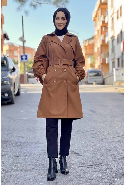 Moda Çizgi Çanta Hediyeli Trençkot Taba Moda Çizgi Çanta Hediyeli Trençkot Taba