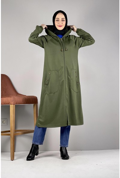 Moda Çizgi Kapüşonlu Tesettür Kap Haki Moda Çizgi Kapüşonlu Tesettür Kap Haki
