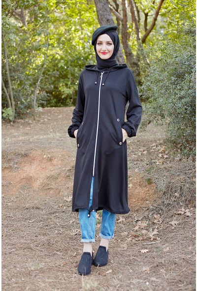 Moda Çizgi Kuş Gözü Cep Detaylı Tesettür Kap Siyah