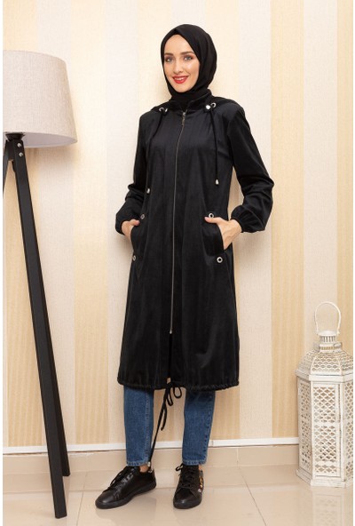 Moda Çizgi Kapüşonlu Kadife Kap Siyah Moda Çizgi Kapüşonlu Kadife Kap Siyah