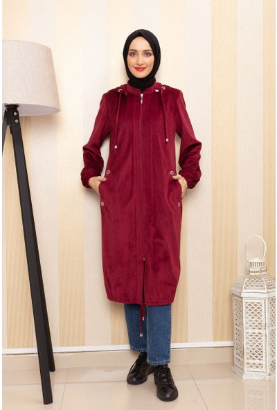 Moda Çizgi Kapüşonlu Kadife Kap Bordo Moda Çizgi Kapüşonlu Kadife Kap Bordo