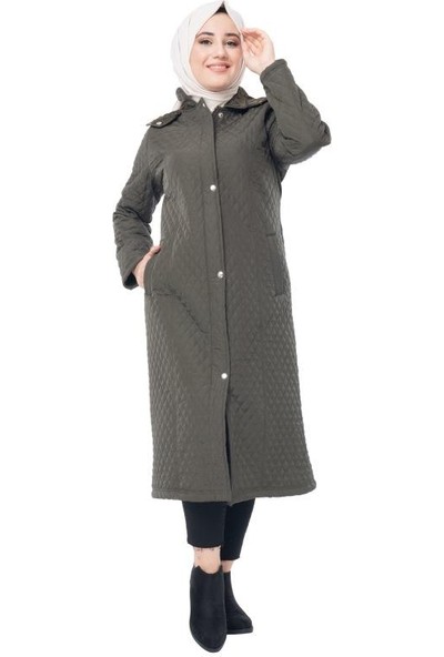 Moda Çizgi Kapüşonlu Kapitone Tesettür Mont Haki Moda Çizgi Kapüşonlu Kapitone Tesettür Mont Haki