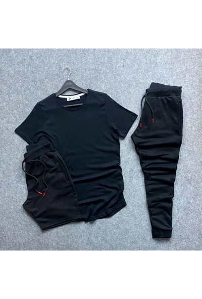 Be Original 3'ü Bir Arada Spor Eşofman Takımı Siyah T-Shirt Siyah Şort Siyah Eşofman