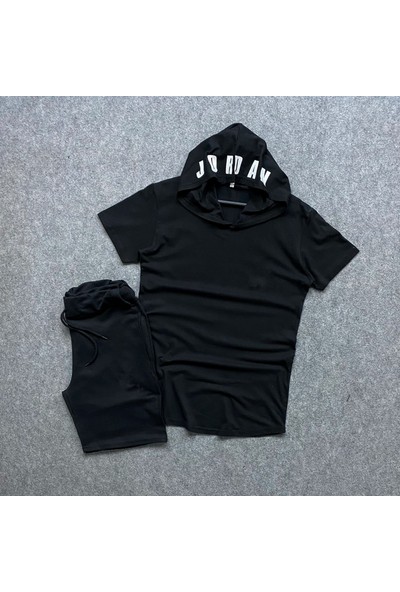 Be Original Kapüşonlu Siyah T-Shirt ve Siyah Şort 2'li Kombin