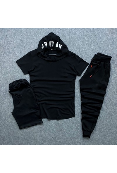 Be Original Kapüşonlu Siyah T-Shirt Siyah Şort ve Siyah Eşofman 3'lü Kombin