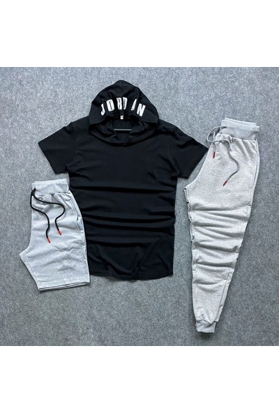 Be Original Kapüşonlu Siyah T-Shirt Gri Şort ve Gri Eşofman 3'lü Kombin