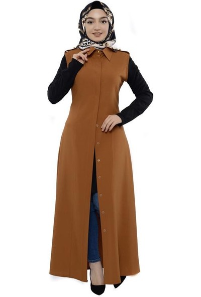 Moda Çizgi Gömlek Yakalı Yelek Tütün