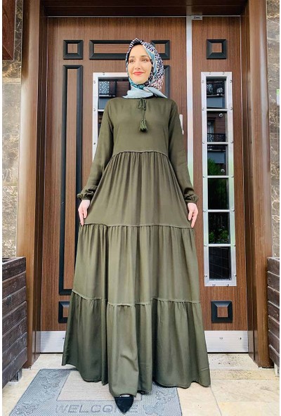 Moda Çizgi Püskül Detaylı Elbise Haki