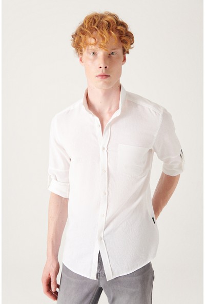 AVVA Düz Düğmeli Yaka Regular Fit Keten Gömlek_beyaz