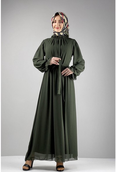 Moda Çizgi Şifon Tesettür Elbise Haki