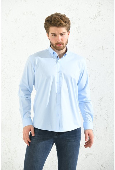 Fitmens Slim Fit Uzun Kol Yıkamalı Gabardin Gömlek - Açık Mavi