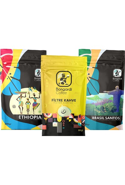 Bongardi Coffee 3 x 200 gr Yöresel Set Brezilyan Santos Etiyopya Intense Filtre Kahve Makinesi Uyumlu