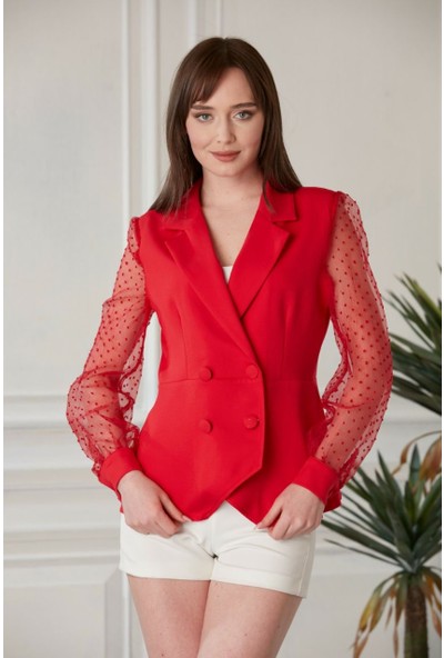Emredenbak Bayan Tül Kol Modelli Düğme Kapamalı Şık Tasarım Blazer Ceket Emredenbak Bayan Tül Kol Modelli Düğme Kapamalı Şık Tasarım Blazer Ceket