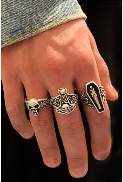 The Gifts 3'lü Ayarlanabilir Unisex Yüzük Set, Kurukafa, Tabut, Viking Yüzük The Gifts 3'lü Ayarlanabilir Unisex Yüzük Set, Kurukafa, Tabut, Viking Yüzük