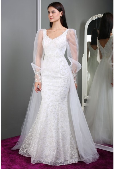 Abiyeniall Abiyenial Balon Kollu Dantel Tül Etek Abiye Elbise Krem 7100