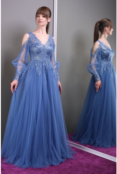 Abiyeniall Abiyenial V Yaka Omzu Açık Uzun Tül Abiye Elbise Indigo 7028