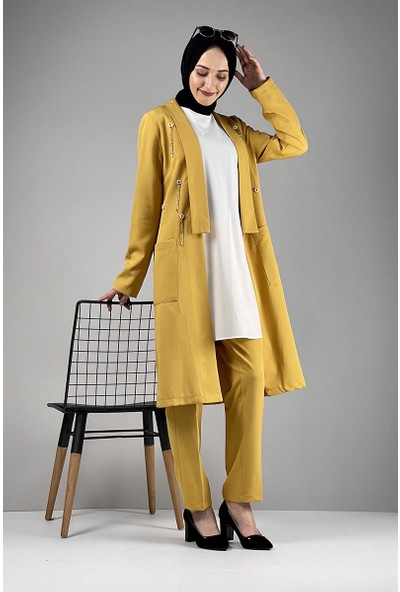 Sinelay Moda Çizgi Incili Tesettür Üçlü Takım Hardal