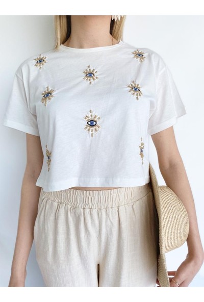 Kadın Boncuk Işleme Göz Detaylı Ekru Tshirt