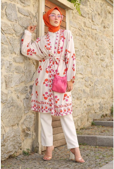 İmaj Butik Desenli Keten Tesettür Kimono Turuncu İmaj Butik Desenli Keten Tesettür Kimono Turuncu