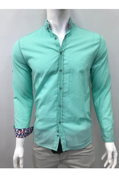 Papyon Erkek Su Yeşili Dar Kesim Keten Gömlek