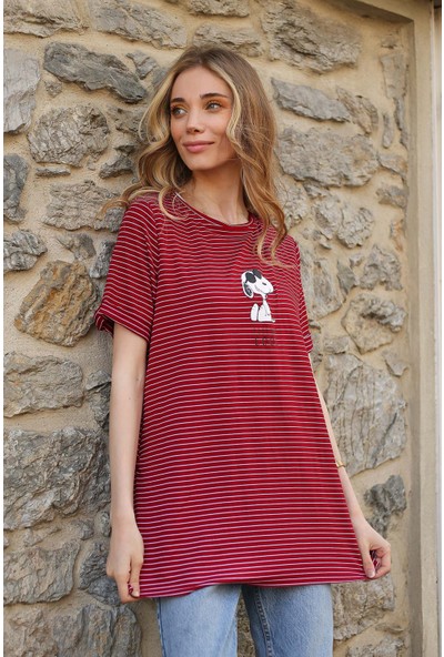 İmaj Butik Çizgili Köpek Baskılı Tişört Bordo