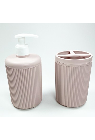 Plastik Sıvı Sabunluk ve Diş Fırçalık Set Renk Pudra Plastik Sıvı Sabunluk ve Diş Fırçalık Set Renk Pudra