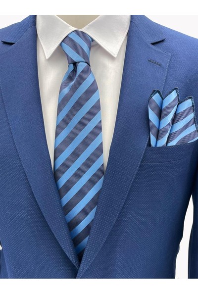 Brianze Mavi Çizgili Desen Kravat Mendil Set Brianze Mavi Çizgili Desen Kravat Mendil Set