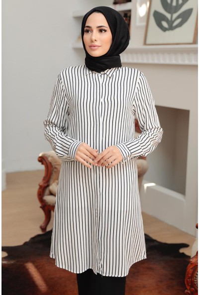 Neva Style - Çizgili Beyaz Tesettür Tunik 11591B
