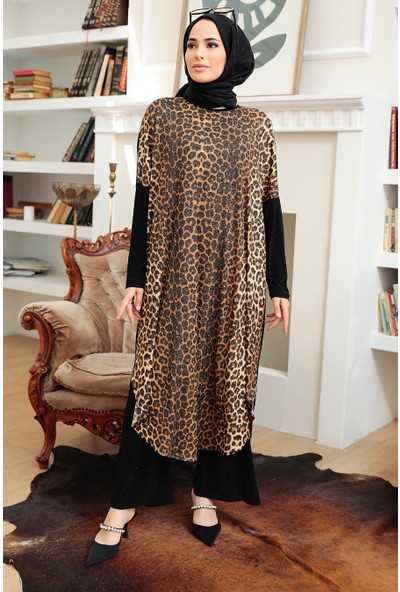 Neva Style - Leopar Desenli Siyah Tesettür Ikili Takım 40113S Neva Style - Leopar Desenli Siyah Tesettür Ikili Takım 40113S