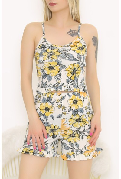 Karazona Kadın Şortlu Takım Gecelik Beyazdesenli KZ2-8422