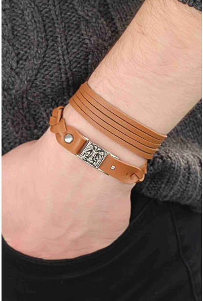 Karazona Erkek Desenli Metal Aksesuarlı Kahverengi Deri Bileklik Kombin KZ-EB2798 Karazona Erkek Desenli Metal Aksesuarlı Kahverengi Deri Bileklik Kombin KZ-EB2798