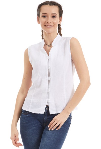 Newbutix Şile Bezi Beyaz Düğmeli Bluz