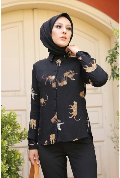 İmaj Butik Kaplan Desenli Tesettür Gömlek/siyah İmaj Butik Kaplan Desenli Tesettür Gömlek/siyah