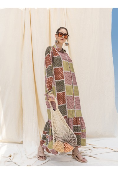 Patchwork Desenli Bağcıklı Viskon Elbise - Kahve - Refka Casual