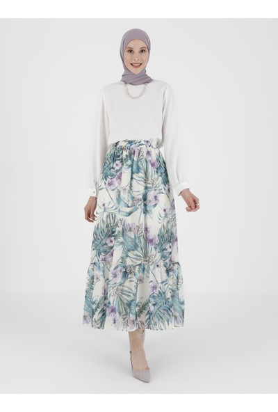 Refka Astarlı Çiçek Desenli Şifon Etek - Mor Bej - Refka Woman