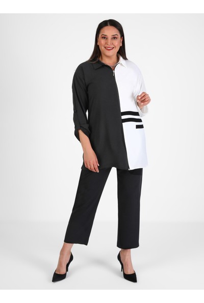 Alia Büyük Beden Boydan Fermuarlı Iki Renkli Tunik - Siyah Beyaz - Alia