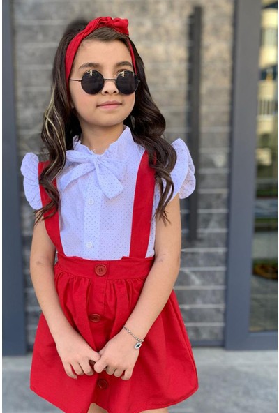 Riccotarz Kız Çocuk Önü Düğme Detaylı Puantiyeli 3'lü Kırmızı Salopet Etekli Takım